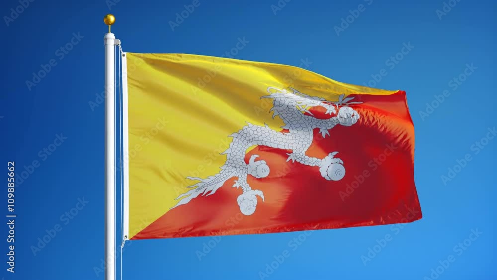 Bhutan flag waving in slow motion against clean blue sky, seamlessly ...
