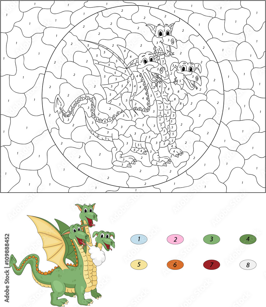 Cartoon three headed dragon. Color by number educational game fo Stock ...