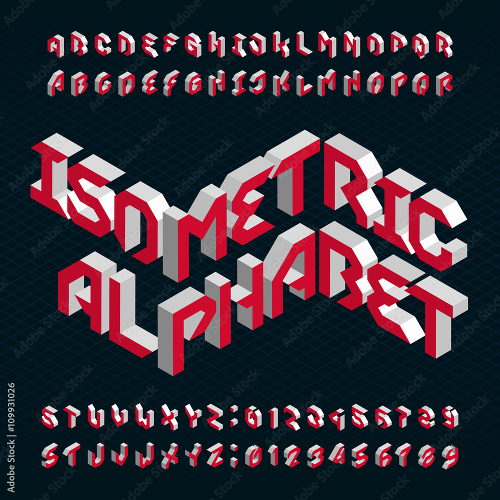 Isometric alphabet vector font. 3D letters and numbers on a dark ... Isometric alphabet vector font. 3D letters and numbers on a dark ...