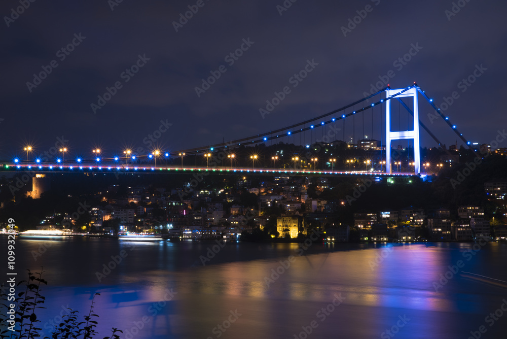 Fatih Sultan Mehmet Bridge at Istanbul Bosphorus in Night Time as Long ...
