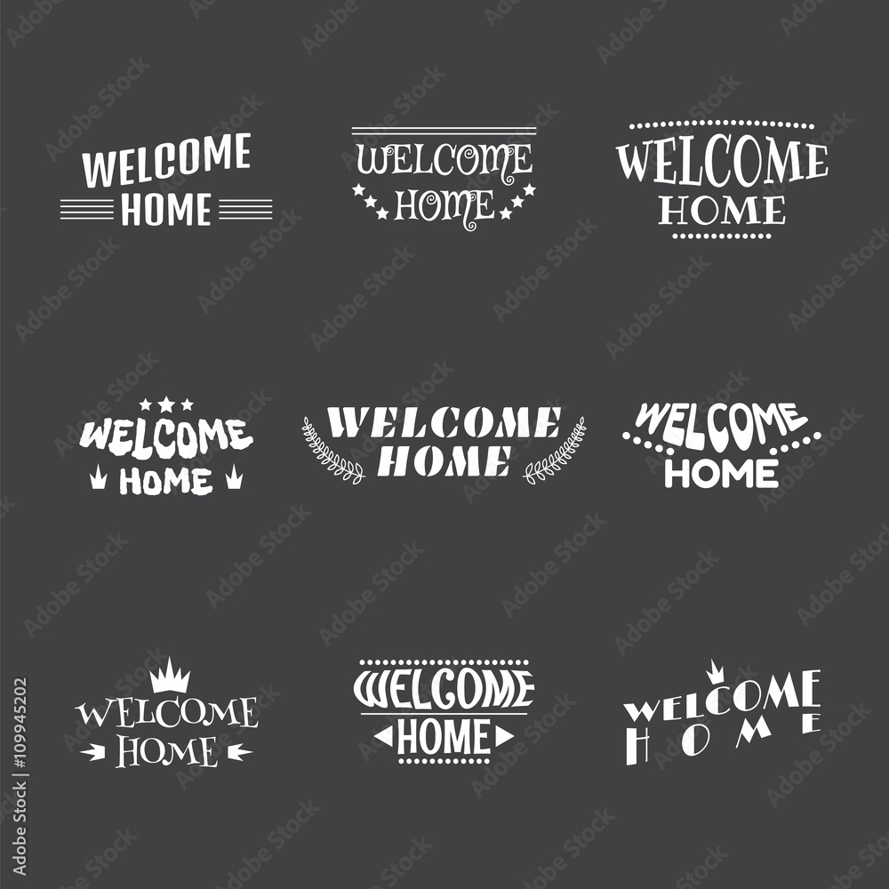 Welcome home. Set of 9 labels, stickers, emblems or badges. Deco Stock ...