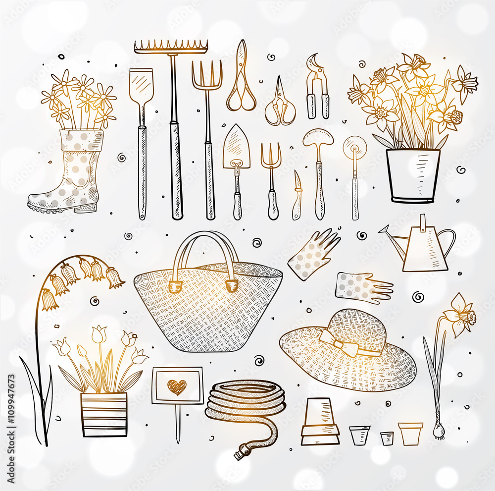 Collection of spring doodle sketch elements on white background ...