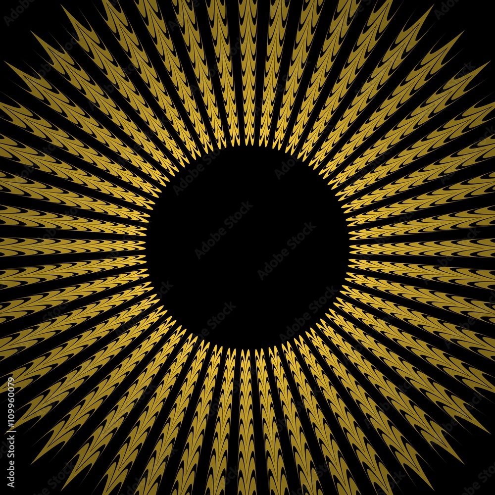 Dark background with yellow patterned rays in sun shape, symbol the ...