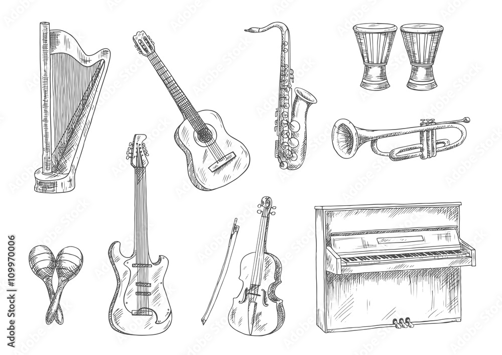 Vector Musical Instruments Sketch Musical Instruments Sketches Vector ...