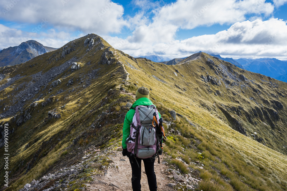Woman hiker walking on an alpine section of the Kepler Track foto de ...