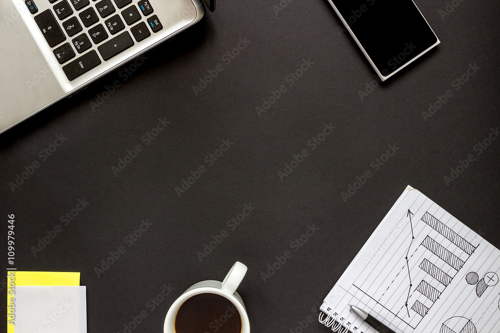 top view of office desk with laptop, smartphone and notebook Stock ...