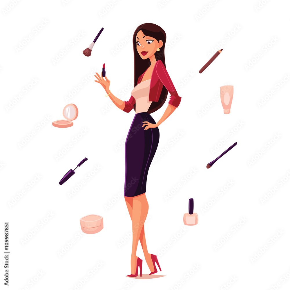 She is difficult to choose the necessary her makeup, vector cartoon ...