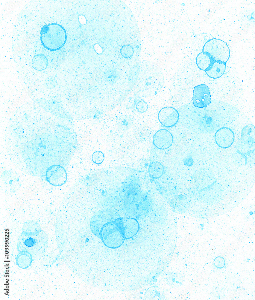 Abstract watercolor blue stain background with blue soap round bubbles ...