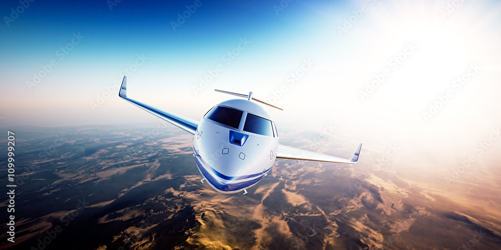Realistic photo of White generic design private jet flying over the ...
