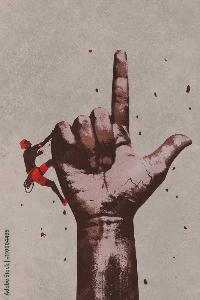 big hand in finger pointing up sign with climber,illustration painting ...