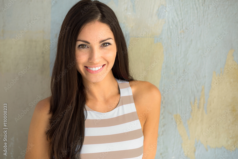 Cheerful cute adorable girl next door head shot smiling with perfect ...