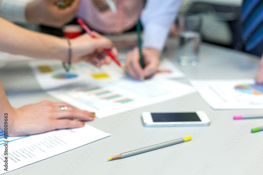 Business Team networking - office Table with Charts and People Hands ...
