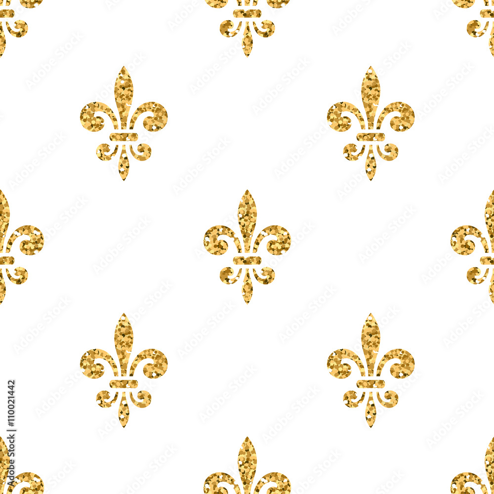 Golden fleur-de-lis seamless pattern. Gold glitter and white template. Floral texture. Glowing ...