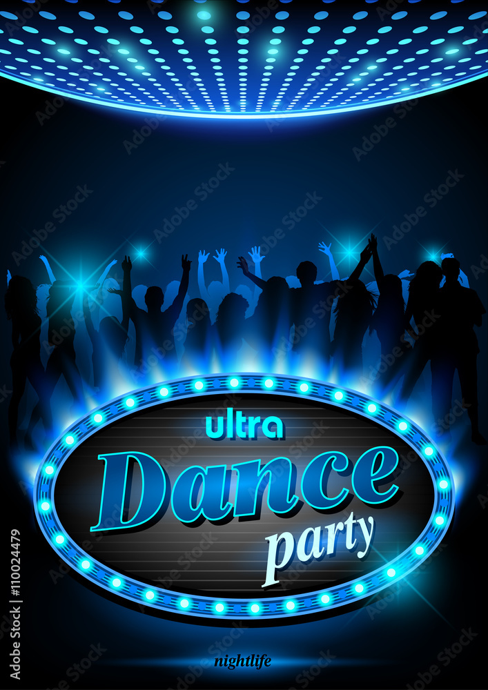 Neon sign ultra Dance Party in light frame with blue flames ...