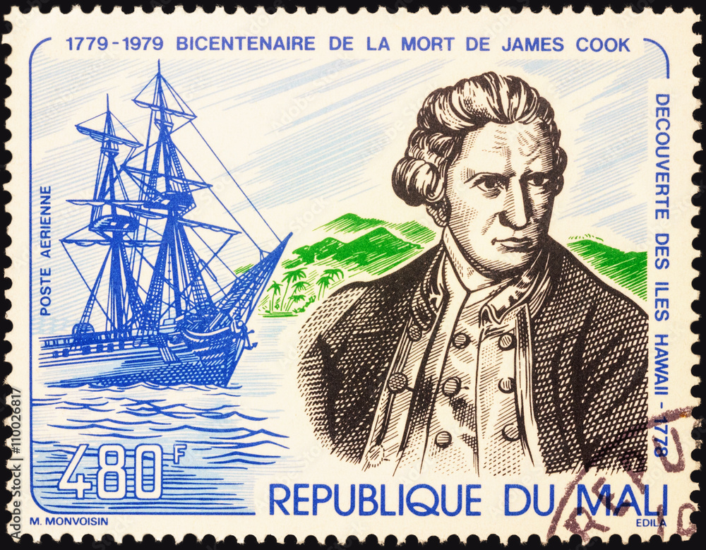 Captain James Cook and his ship "Resolution" on postage stamp Stock ...
