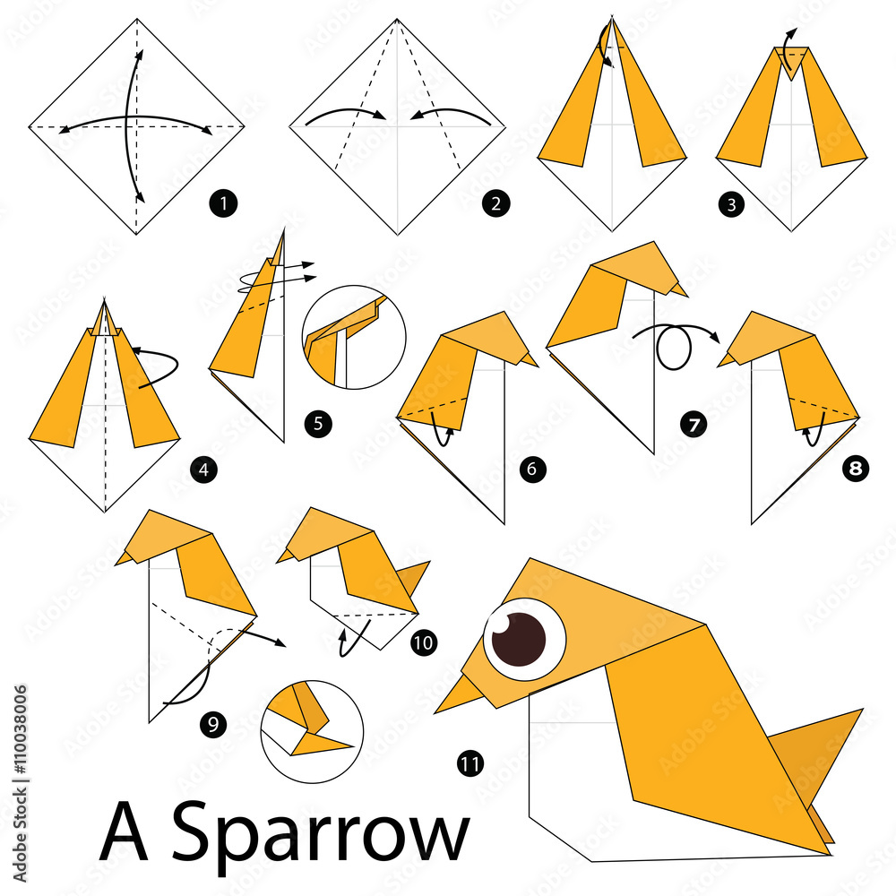 Step by step instructions how to make origami A Sparrow. Stock Vector ...