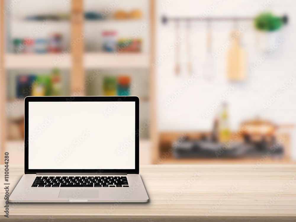 blank screen notebook with kitchen background Stock Photo | Adobe Stock