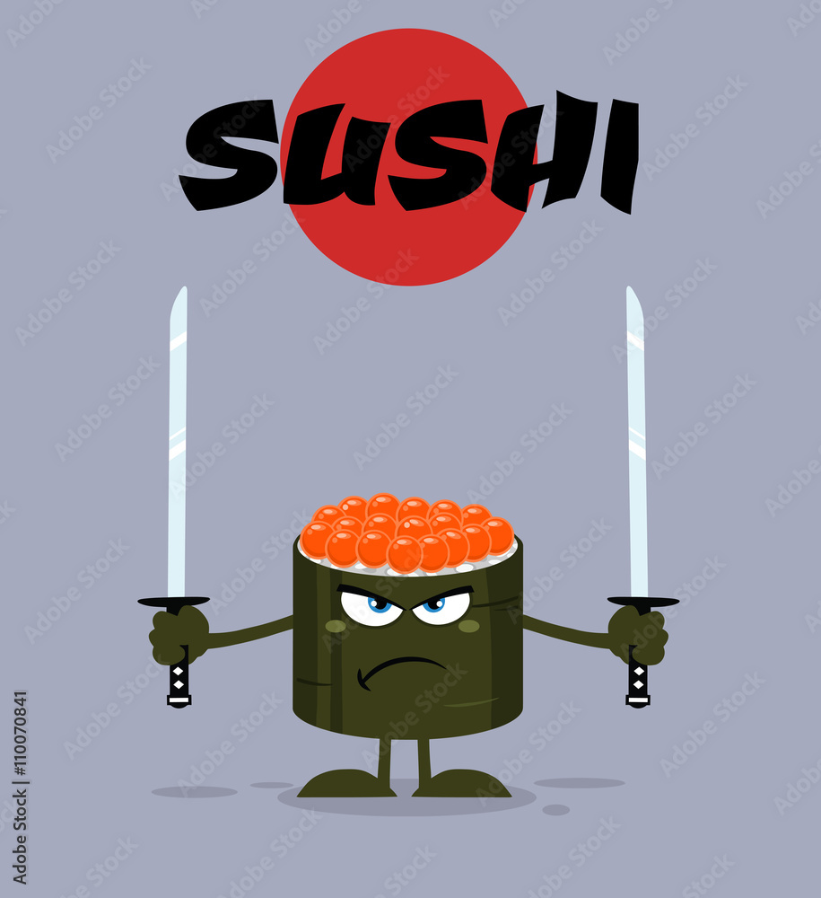 Angry Sushi Roll Cartoon Mascot Character Ready To Fight With Two ...