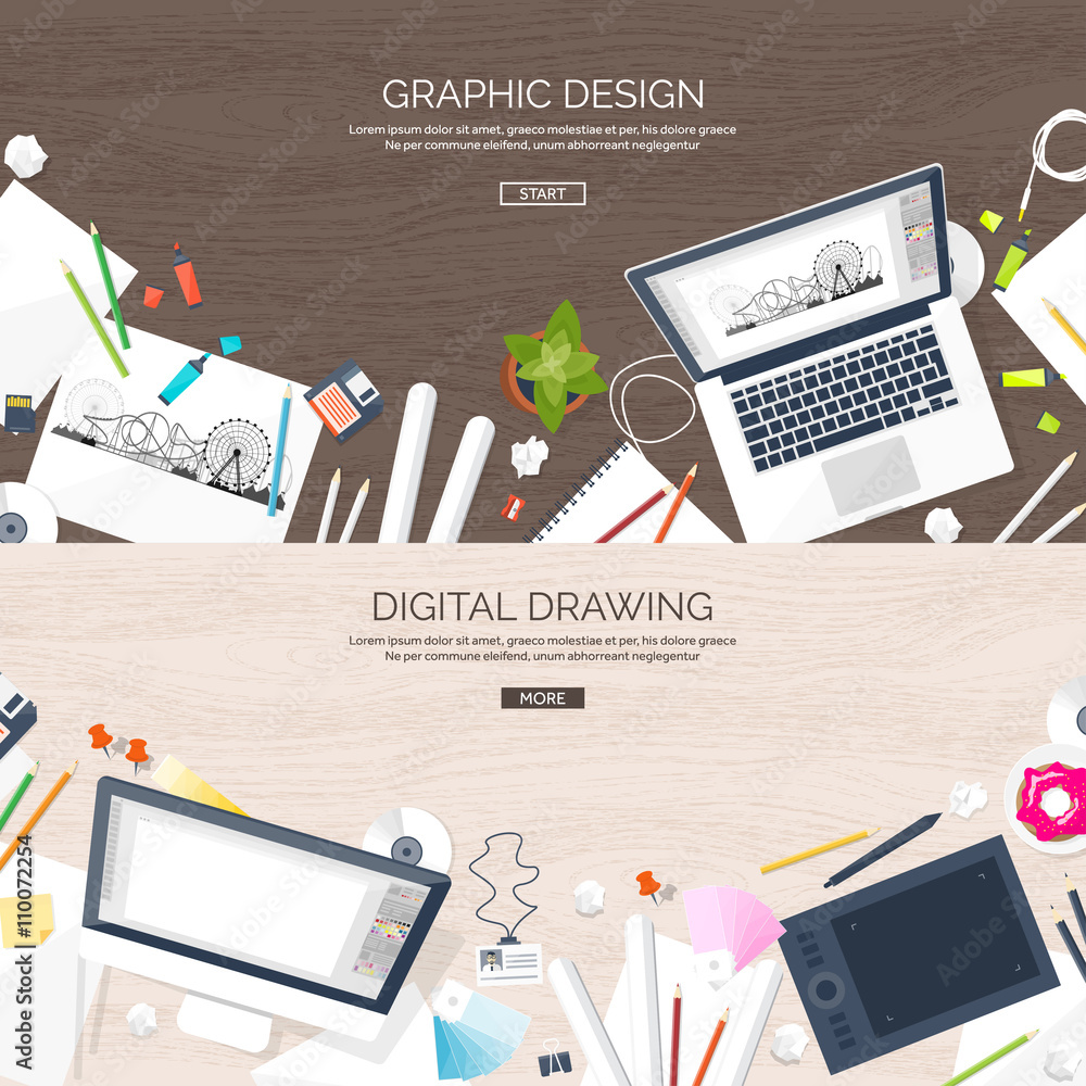 Vetor de Graphic web design. Drawing and painting. Development ...