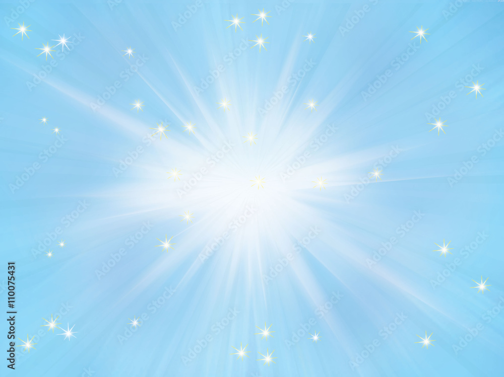 Sun light and stars, light effect background. Light on blue sky ...