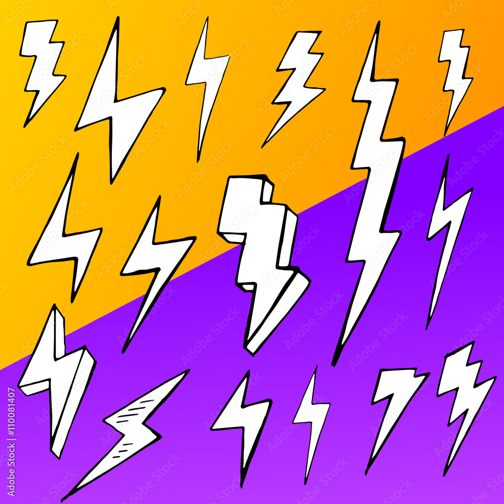 Set of simple lightning doodle, group of hand drawn objects on colorful ...