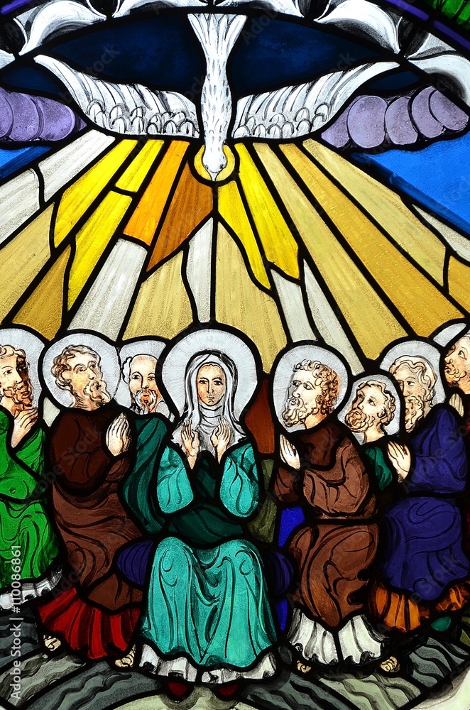 stained glass window depicting Pentecost Stock Photo | Adobe Stock