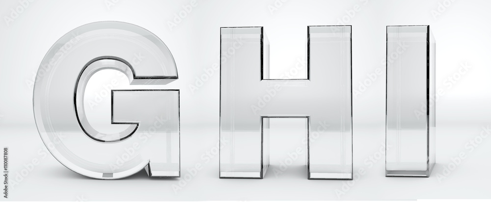 Transparent letters G, H, I. Glass alphabet 3d render. Path save. Stock ...