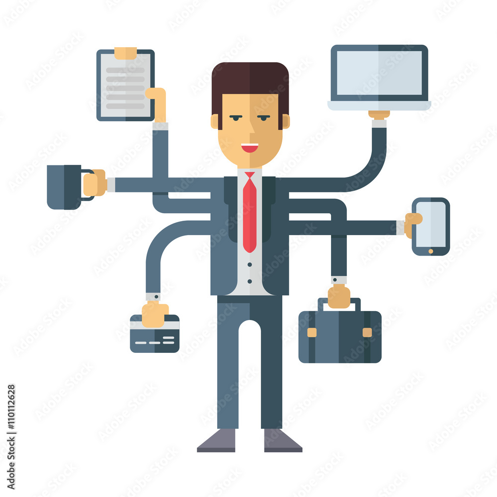 Busy businessman multitasking. Flat vector illustration isolated on ...