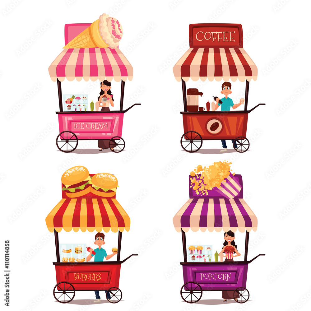 Fast food cart, cartoon set isolated on a white background, street ...