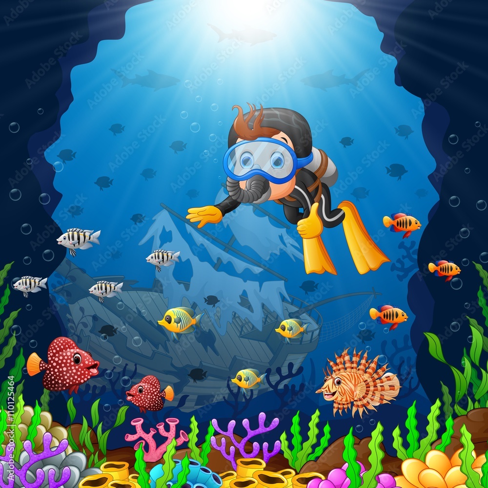 Cartoon diver under the sea Stock Vector | Adobe Stock