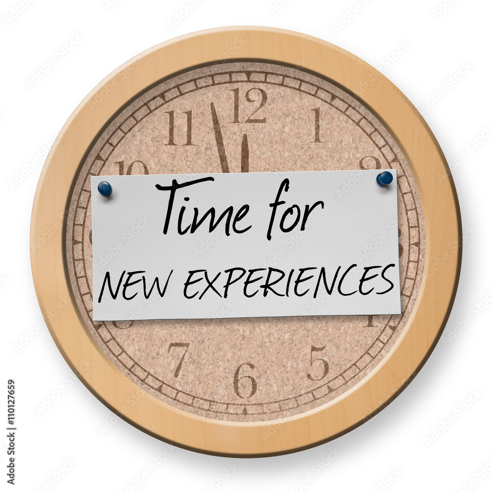 Time for New Experiences text on clock bulletin board sign Stock ...