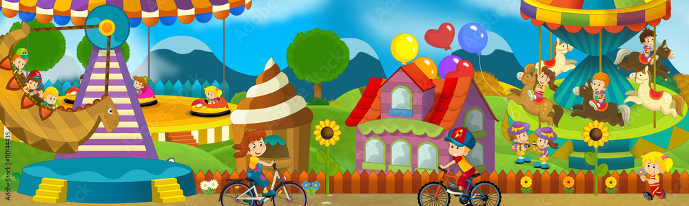 Cartoon scene of kids playing in the funfair - matching game ...