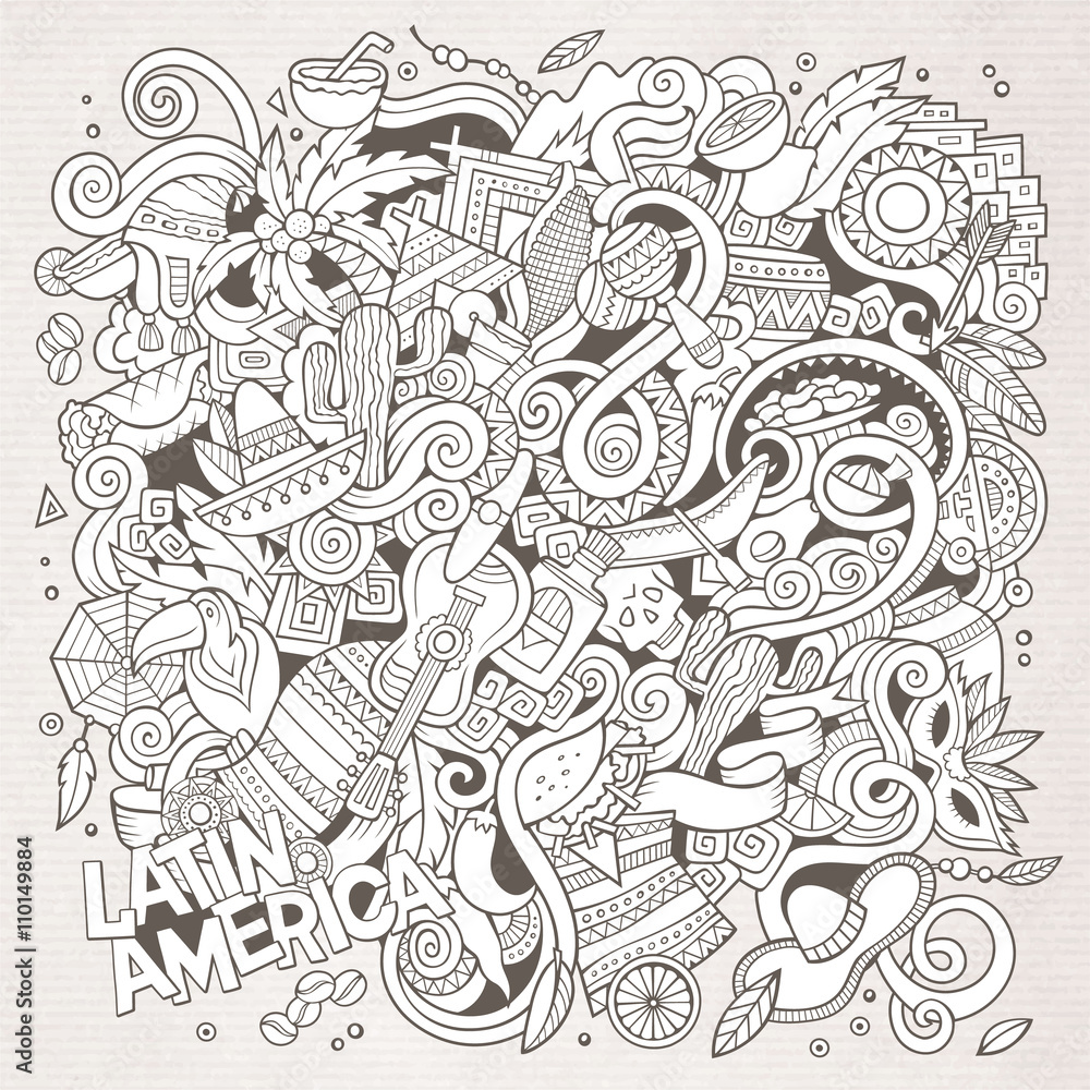 Cartoon hand-drawn doodles Latin American illustration. Line art Stock ...