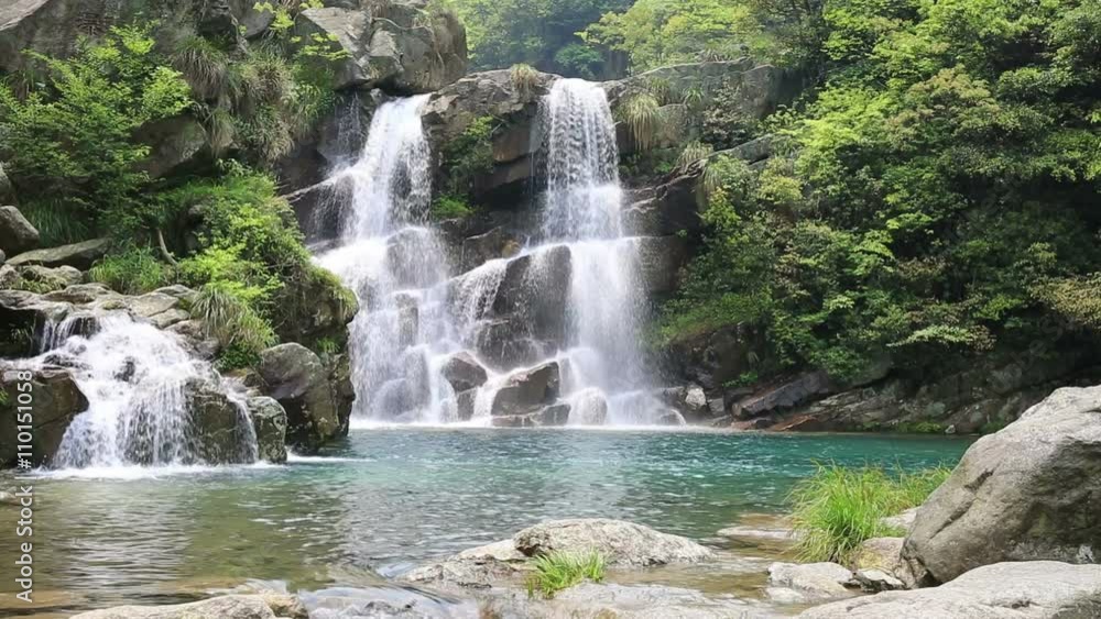 double waterfall from ravine in lushan scenic area of lotus valley ...