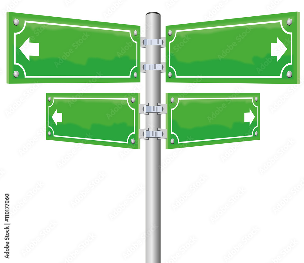Street name signs - four blank, glossy green, metal panels showing in ...