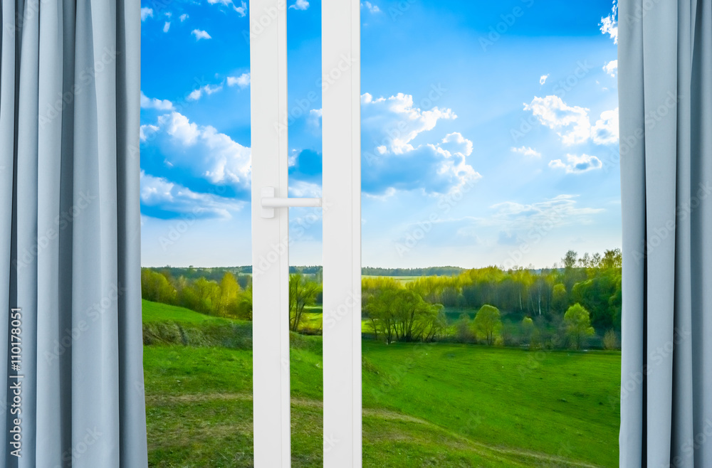nature landscape with window with curtains Stock Photo | Adobe Stock