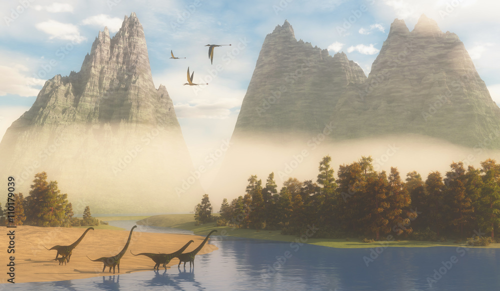 Poster Jurassic Mamenchisaurus Habitat - Dimorphodon reptiles fly over ...