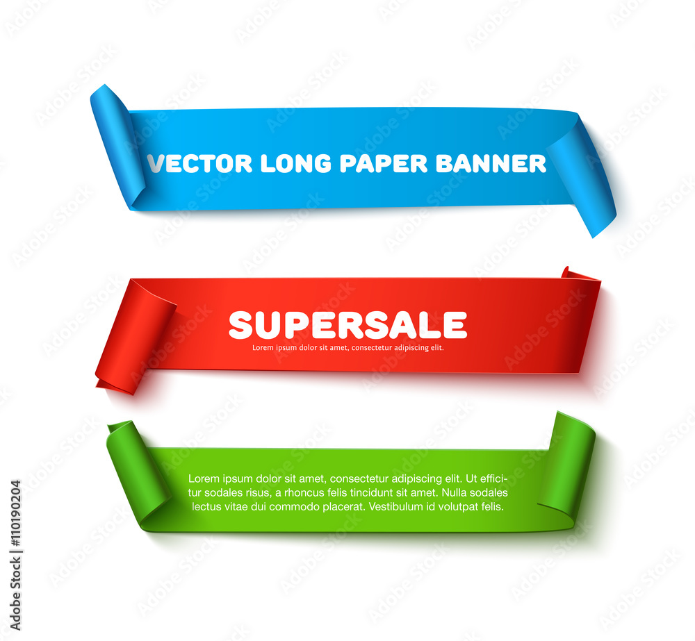Set of colorful horizontal curved paper ribbon banners with paper rolls ...