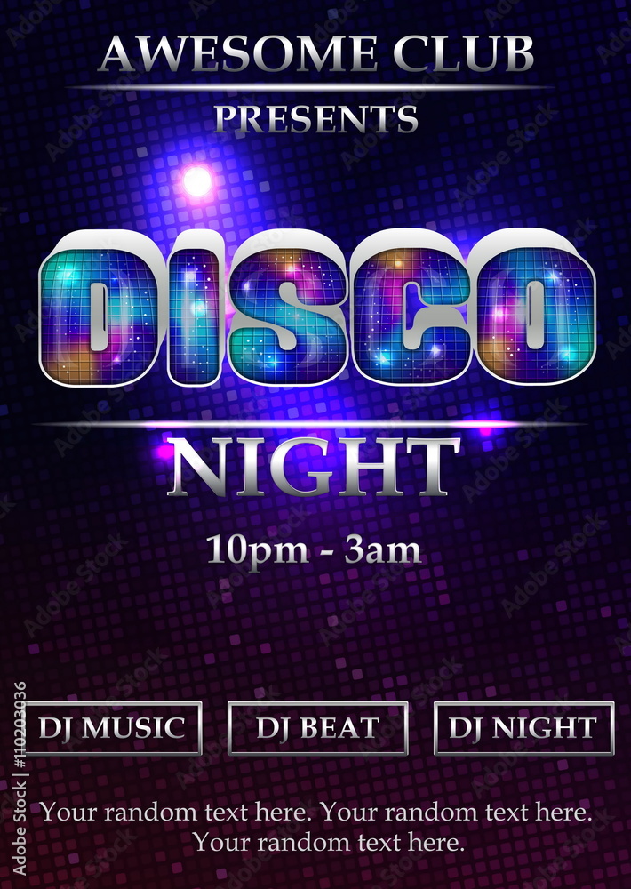 Vibrant 80s styled disco night party event poster, flyer, banner ...