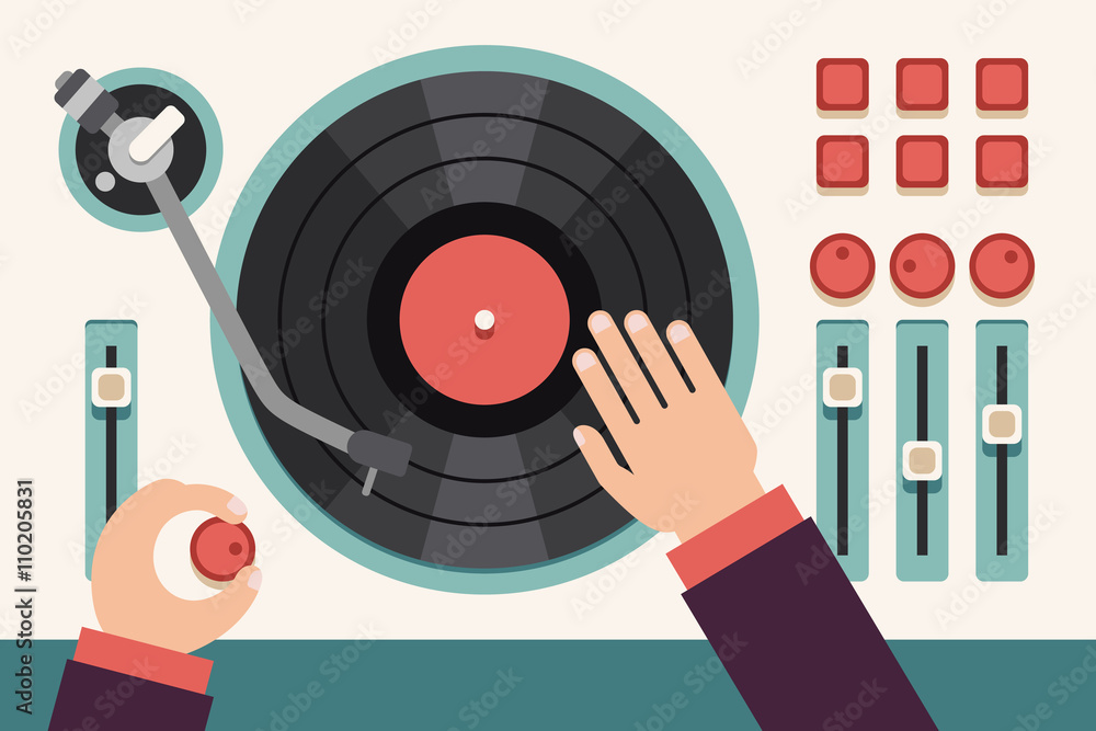 Turntable with dj hands. Modern music flat vector concept background ...