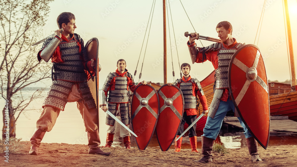 Battle of two medieval knights with swords and shields. Other kn Stock ...