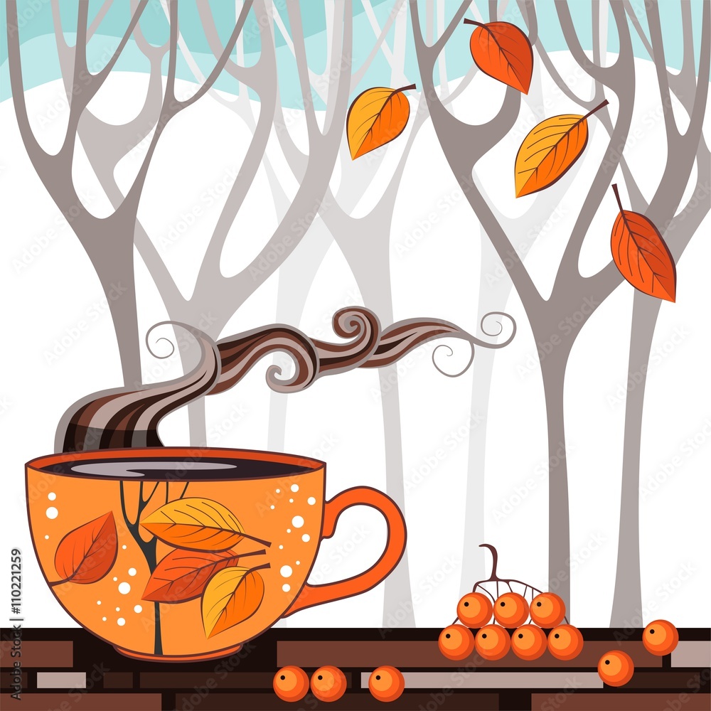 Autumn Tea Time. Vector illustration with cup of aromatic tea on ...