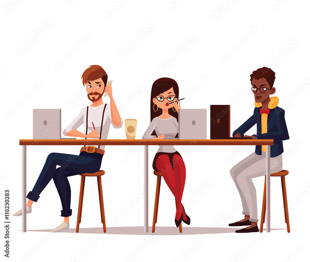 coworking, collaborative teamwork, cartoon comic illustration on a ...