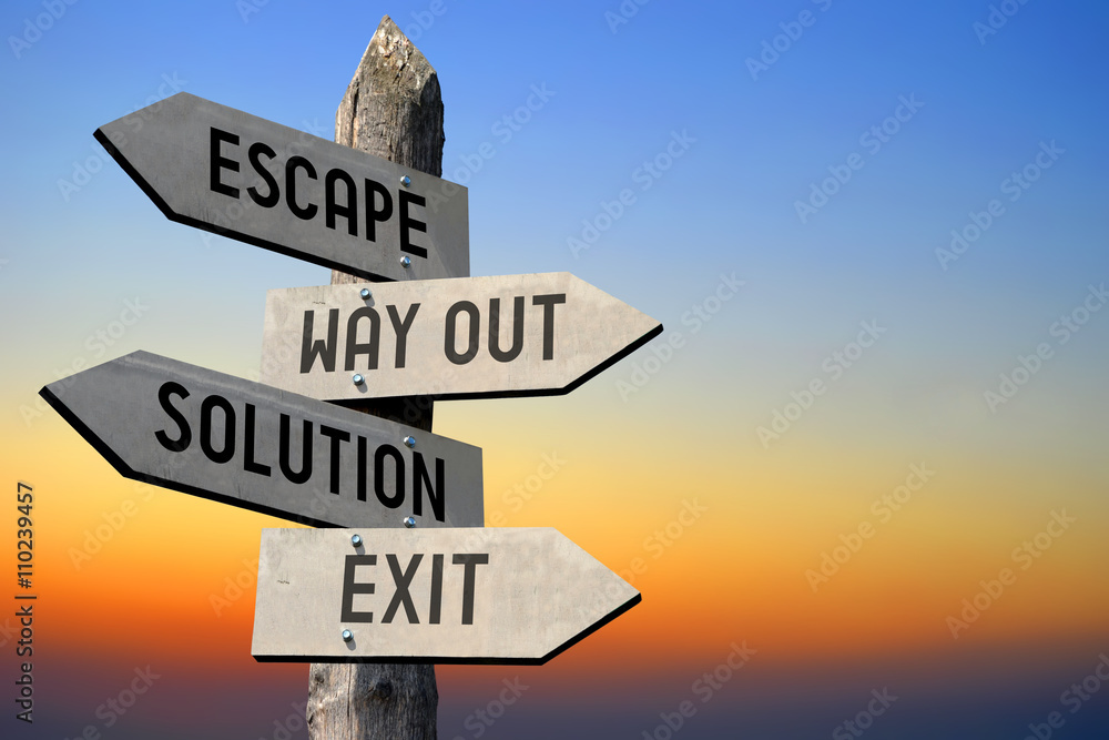 Escape, way out, solution, exit signpost Stock Photo | Adobe Stock