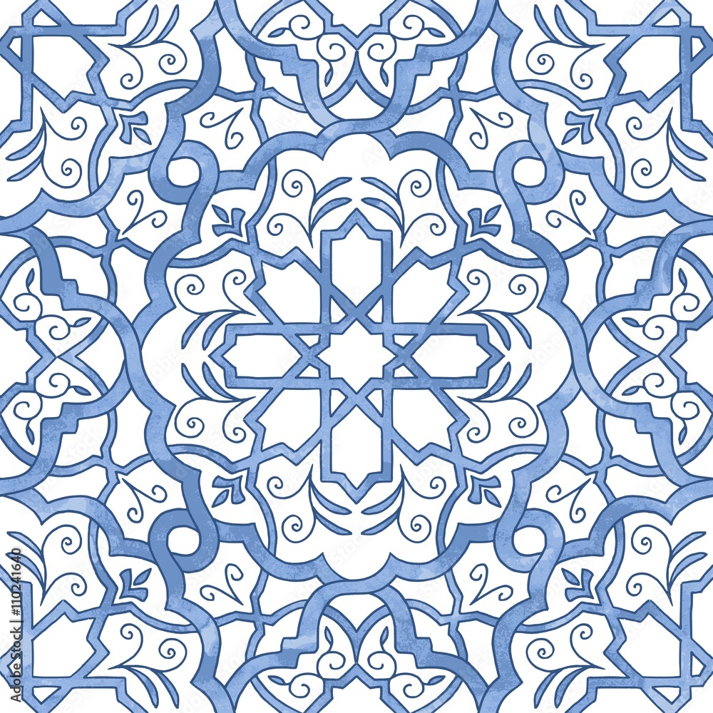 Hand drawn seamless line art pattern filled with blue watercolor Stock ...