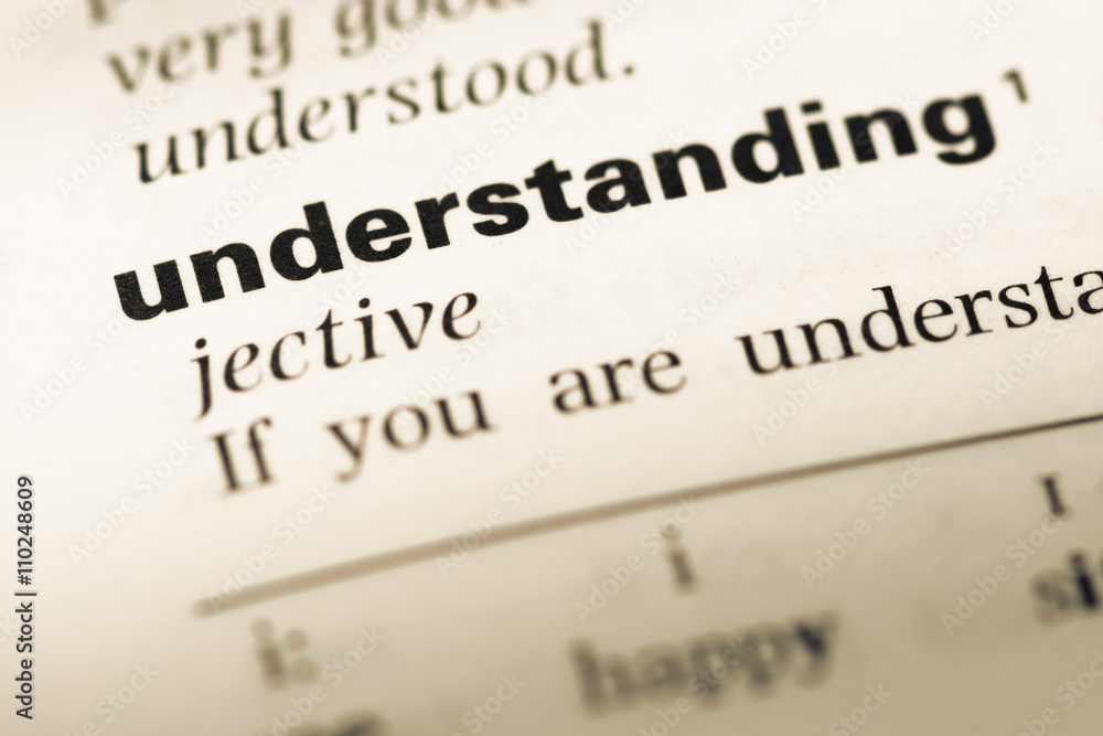 Close up of old English dictionary page with word understanding Stock ...