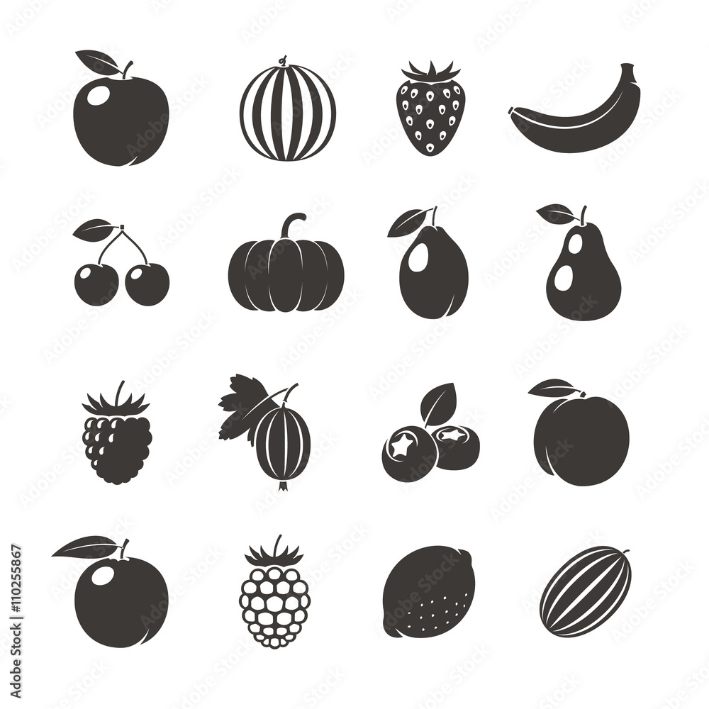 Fruits Black Icons. Different fruits icons on white background. Vector ...