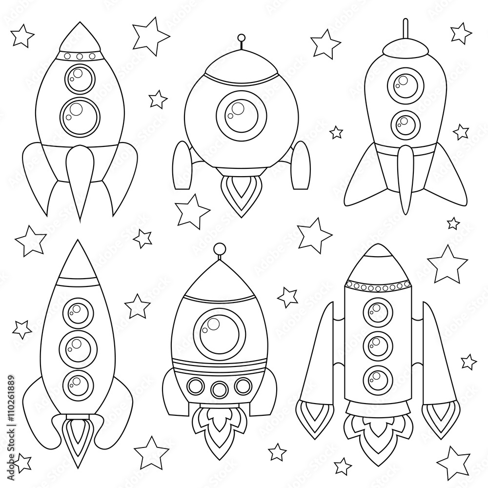 Cartoon spaceship. Black and white illustration for coloring book Stock ...
