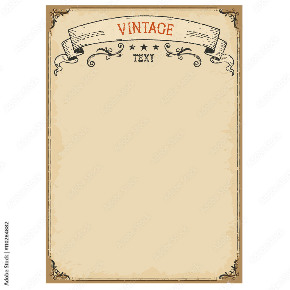 Vintage background on old paper with ornate frame and scroll Stock ...