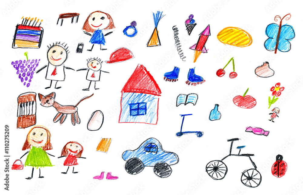 cartoon people and funny toy collection, children drawing object on ...
